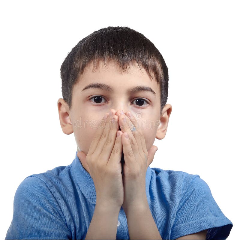 Scared Child Little Boy in White T-shirt Expresses Delight at a Blank ...