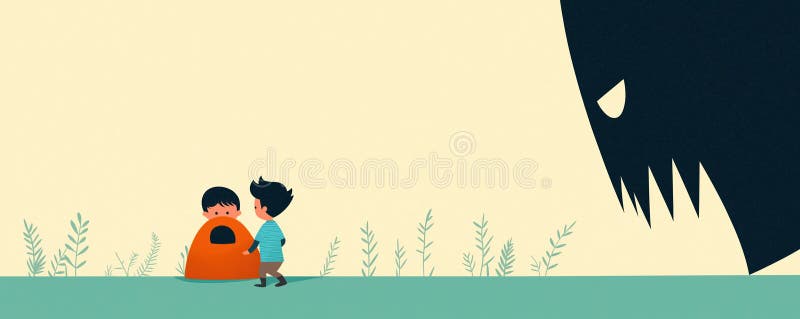 Scared Child Hiding, Dark Shadow Approaching, Flat Design Illustration ...