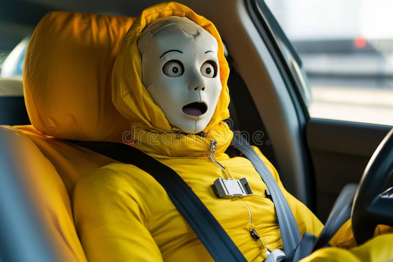 Scared Crash Test Dummy Seated in a Car Simulating Safety Scenarios in ...