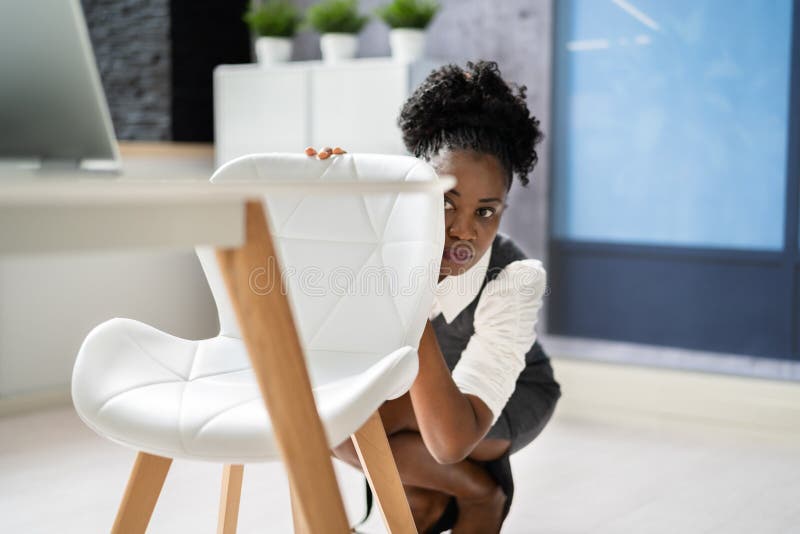 Scared Female Hiding Under Desk Stock Image - Image of lady, scary ...
