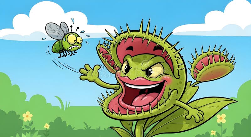 Scared Fly Evades Hungry Venus Flytrap in a Cartoon Illustration with a Bright Blue Sky Stock ...