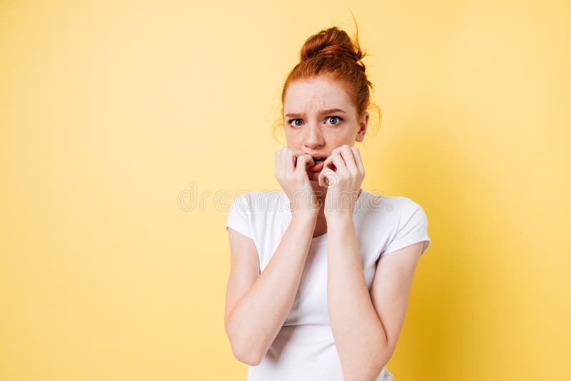 Scared Ginger Woman Screaming and Touching Her Face Stock Photo - Image ...