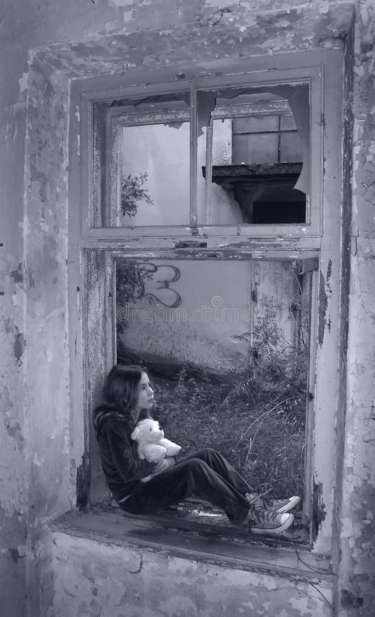 Scared Girl on Broken Window Stock Image - Image of destroy, adolescent ...