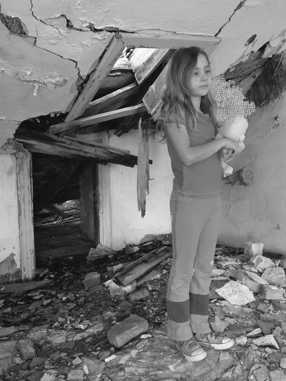 Scared Girl in Destroyed House Stock Image - Image of anxiety ...