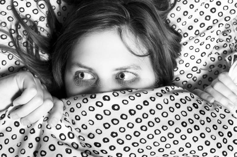 Scared Girl Hiding Under Blanket Stock Image - Image of pillow, indoors ...