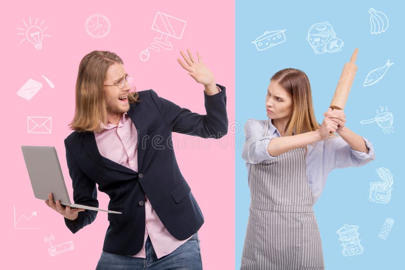 Scared Man Begging for Help while His Wife Holding a Rolling Pin Stock ...
