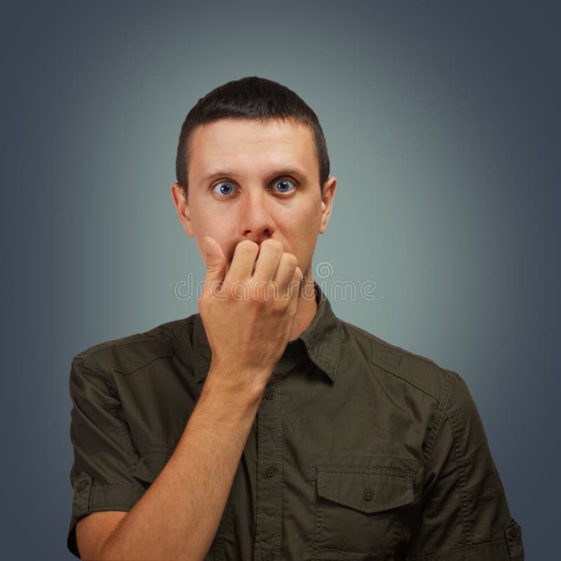 Handsome Man Scared Over Dark Grey Stock Photo - Image of shock ...