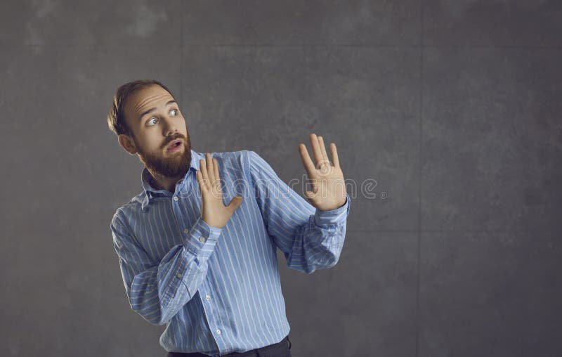 Scared Man Doing Stop Gesture Afraid of Terrible Danger Isolated on ...