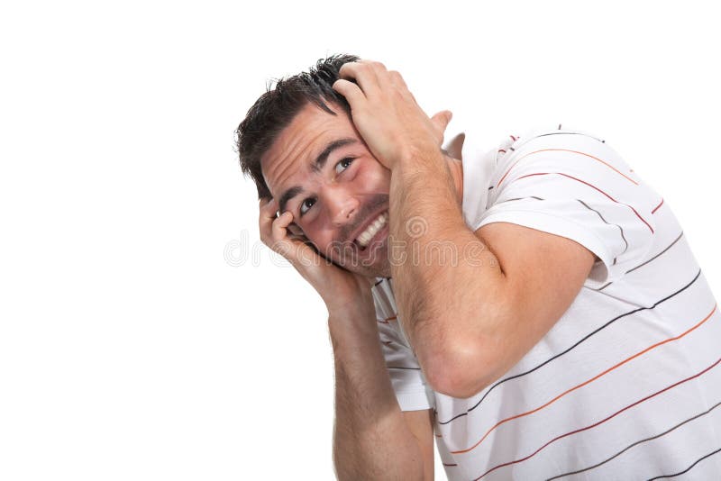 Scared Man with Hands on Head Stock Photo - Image of people, casual ...