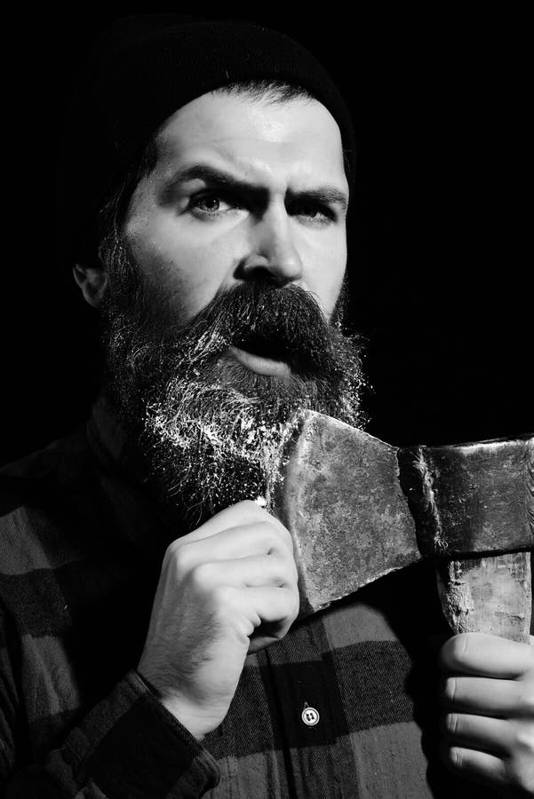 Scared Man with Axe on Black Background Stock Image - Image of hatchet ...