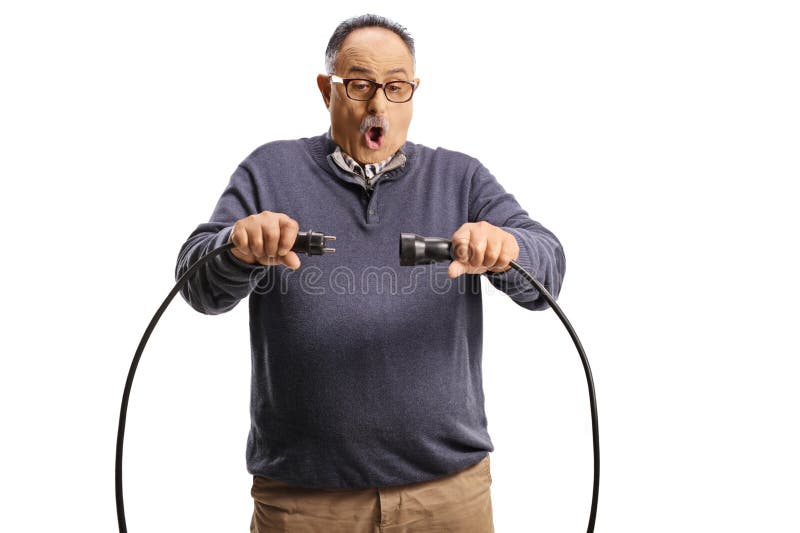 Scared Mature Man Unplugging Cables Stock Photo - Image of electricity ...