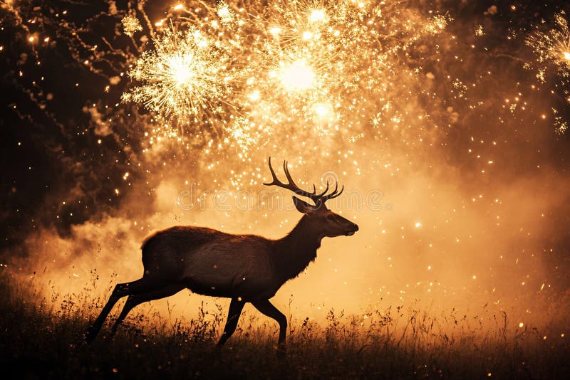 Scared Wild Deer Running in Forest with Fireworks in Sky Stock ...