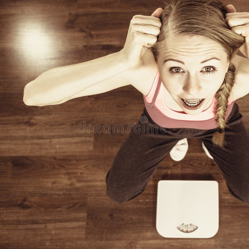 Teenage Woman On Bathroom Scale Machine Stock Image Image Of Smile