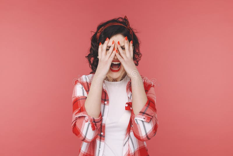 Scared Woman Covered Her Face and Feeling Stressful. Stock Photo ...