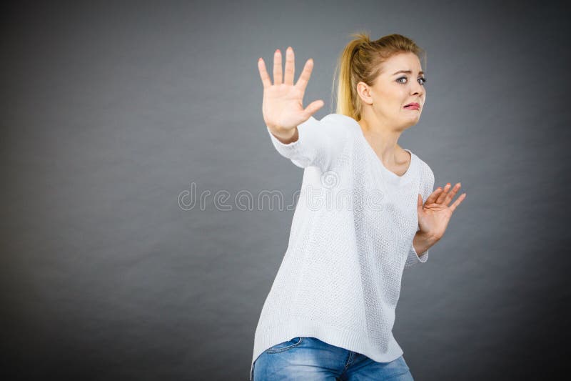 Scared Woman Gesturing Stop Gesture with Hands Stock Photo - Image of ...