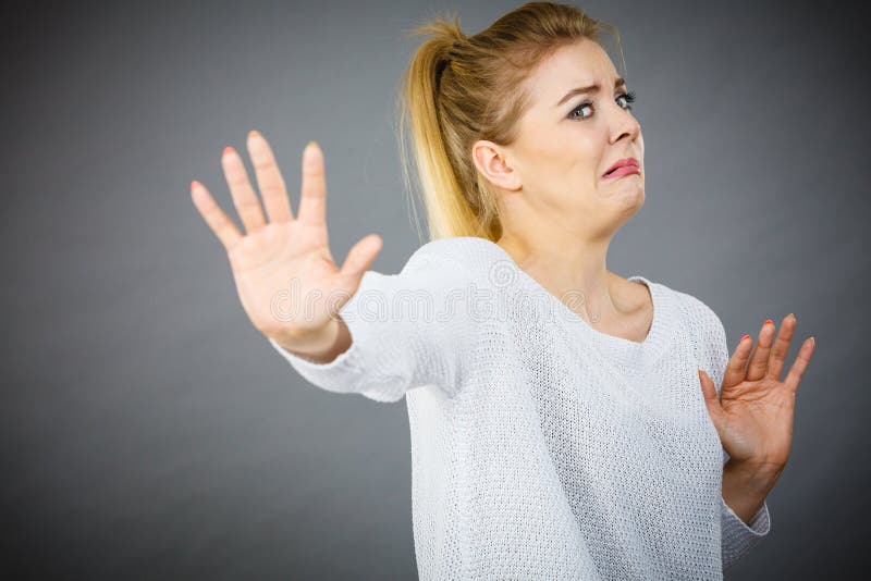 Scared Woman Gesturing Stop Gesture with Hands Stock Image - Image of ...