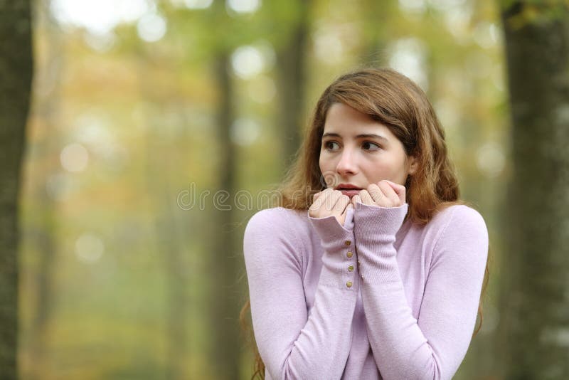 Scared Woman Walking Alone in a Foggy Park Stock Image - Image of ...