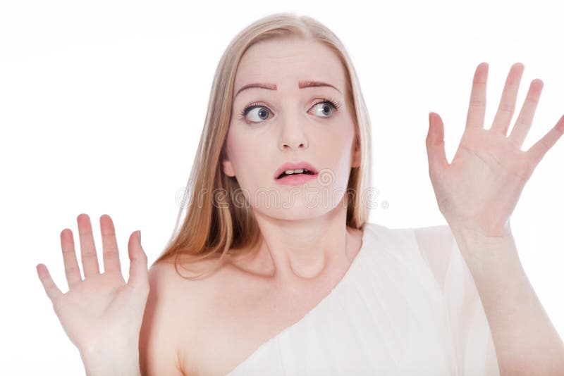 Scared Woman Raising Hands Up Stock Image - Image of look, happy: 41324789