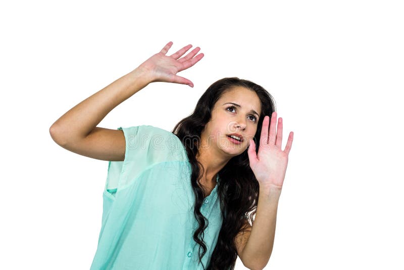 Scared woman raising hands stock photo. Image of apprehensive - 65343654