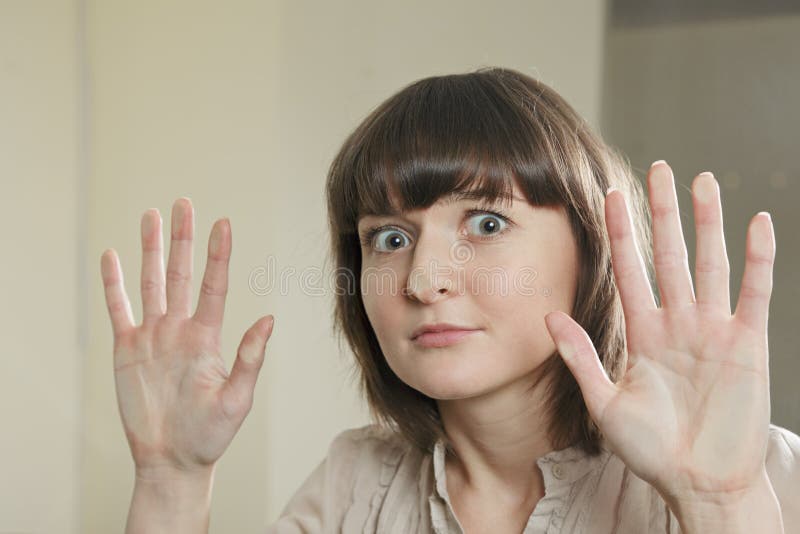 Scared Woman Sticked To Glass Stock Photo - Image of expression ...