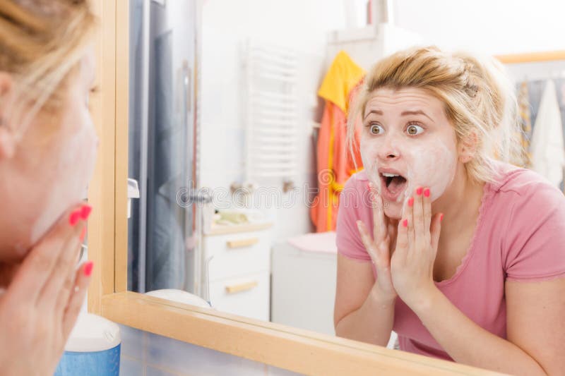 Scared Woman Washing Her Face Under Sink Stock Image - Image of scared ...