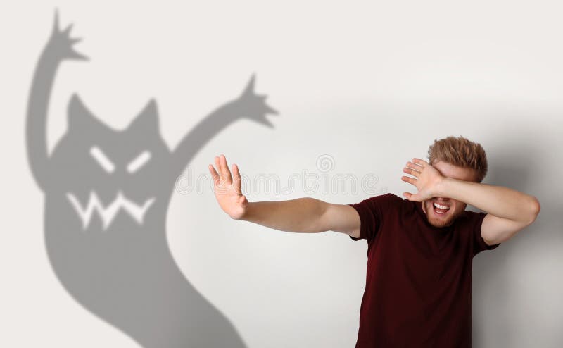 Scared Man Suffering from Sciophobia and Phantom Behind Him. Irrational ...