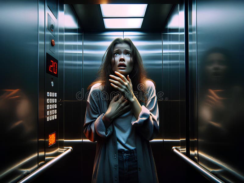 Scared Young Woman in Elevator, Claustrophobia Stock Illustration ...