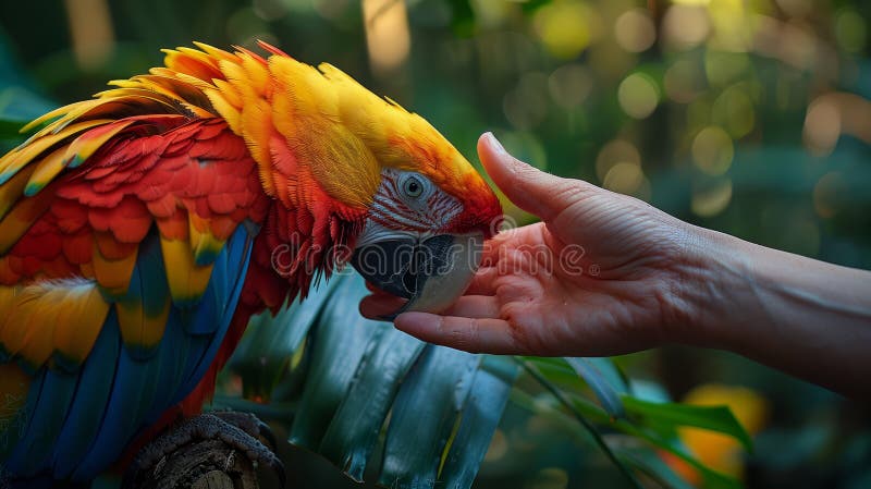 Scarlet Macaw Being Fed by a Human Hand. Stock Image - Image of wild ...