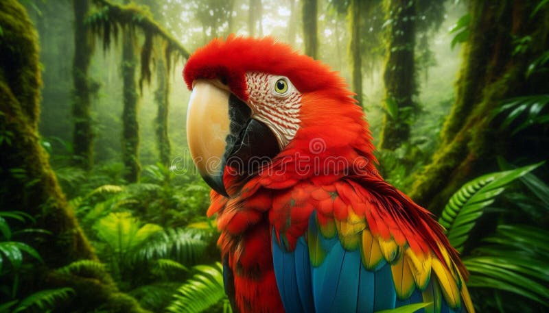 Scarlet Macaw in Dense Rainforest Stock Illustration - Illustration of ...