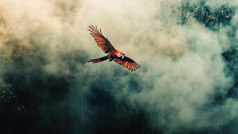 Scarlet Macaw in Flight through Misty Rainforest Stock Photo - Image of ...