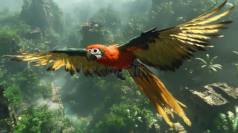 A Scarlet Macaw in Flight Over a Lush Jungle Stock Illustration ...