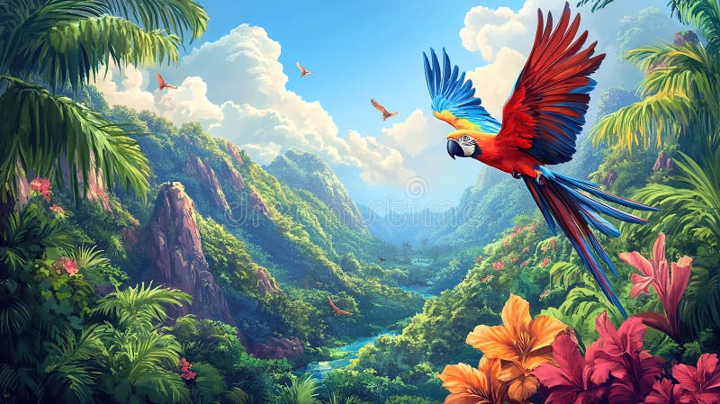 Scarlet Macaw in Flight Over Lush Tropical Valley Stock Image - Image ...