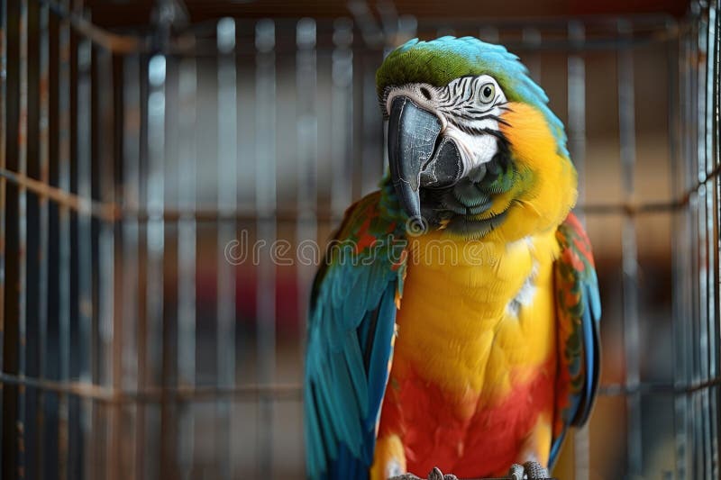 Scarlet Macaw Parrot Standing Behind Bars in Captivity Stock Image ...