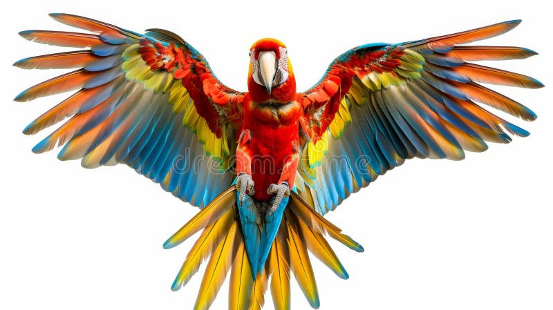 Scarlet Macaw With Wings Spread Wide Isolated On White Background Exotic Bird And Wildlife