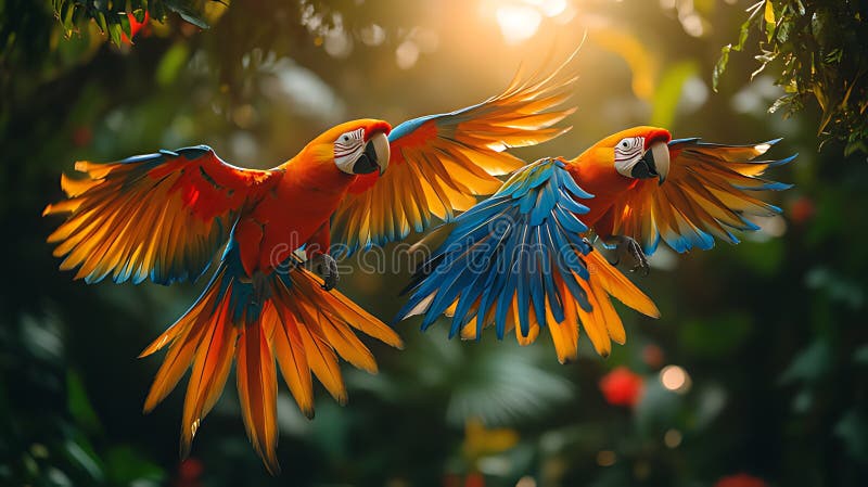 Scarlet Macaws Flying Jungle Sunset Wildlife Poster Stock Illustration ...