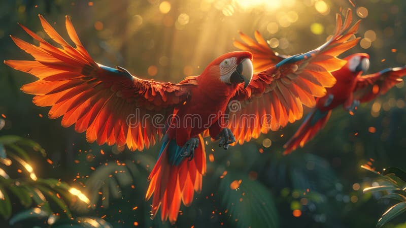 Scarlet Macaws Flying Over Jungle, Nature and Wildlife Concept Stock ...
