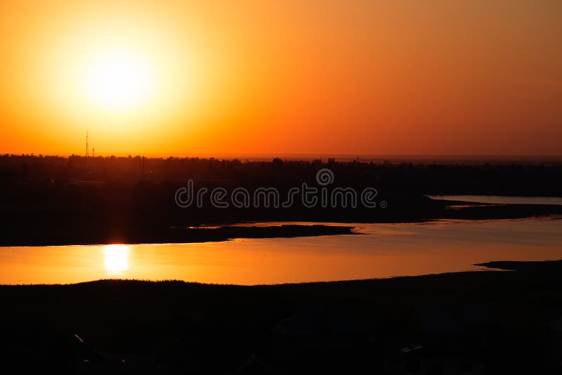 Scarlet Sunset Over the Bay Stock Image - Image of cloud, building ...