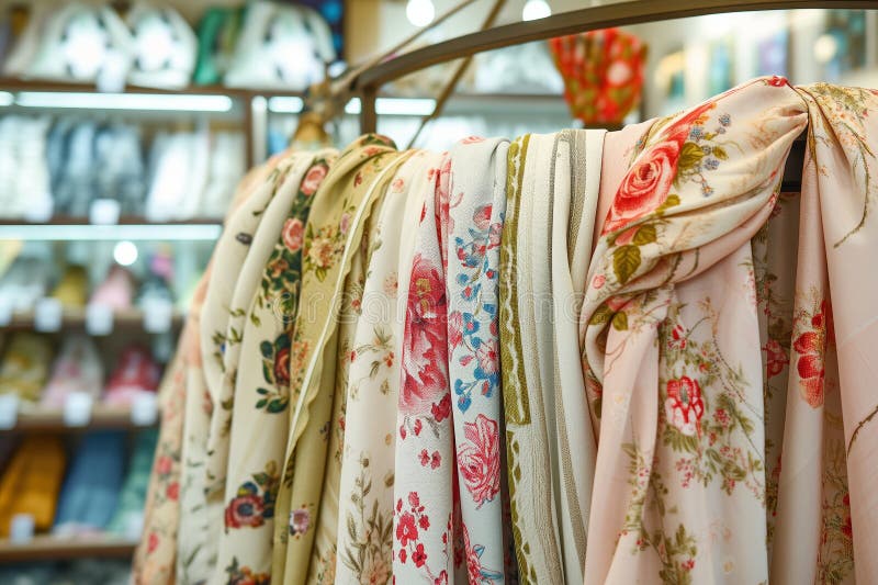 Scarves with Floral Patterns Draped Over a Circular Display in a Shop ...
