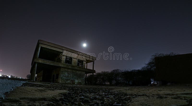 Scary Abounded House a Night with Full Moon in South of Kuwait Stock ...