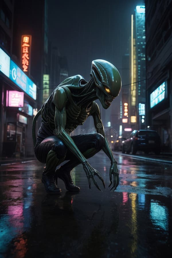 Scary Alien Creature Sitting on the Street at Night Stock Illustration ...