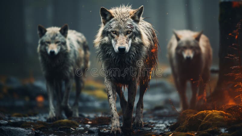 Scary and Angry Wolves Look into the Camera Lens Stock Illustration ...