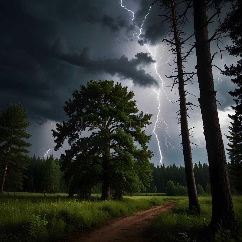 Cloudy Thunder Thunderstorm Lightning Bolt Forest Stock Illustration ...