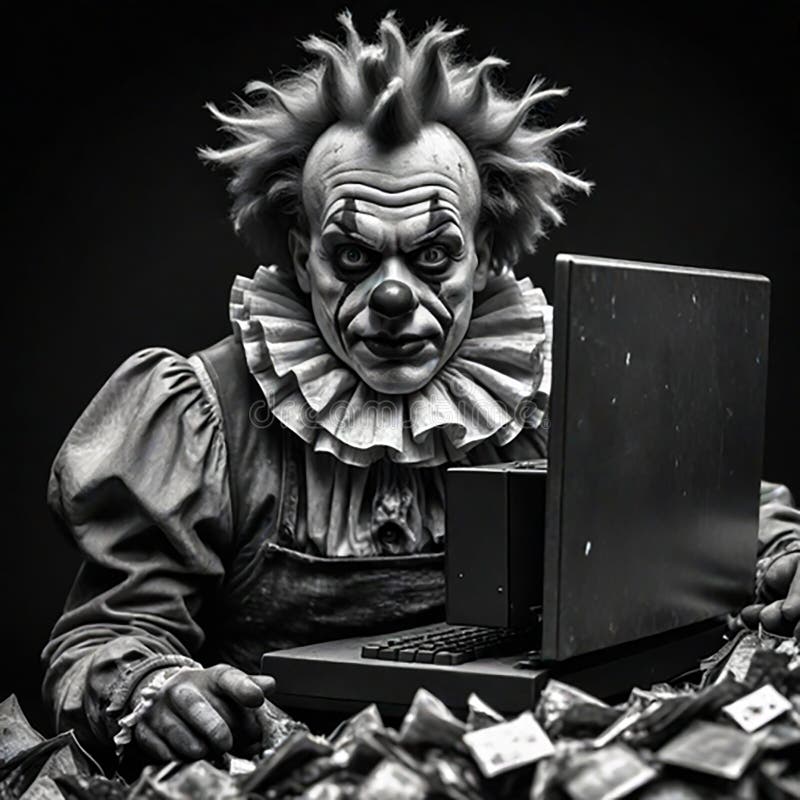 Scary Clown Playing an Old Computer in the Dark Room Stock Illustration ...