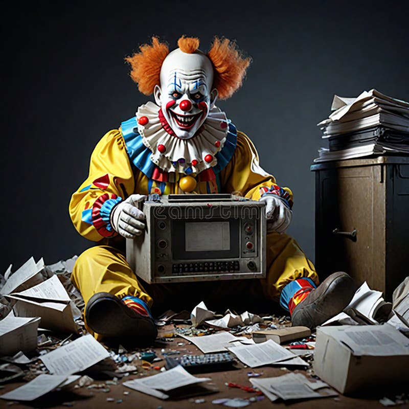 Scary Clown Playing an Old Computer in the Dark Room Stock Illustration ...