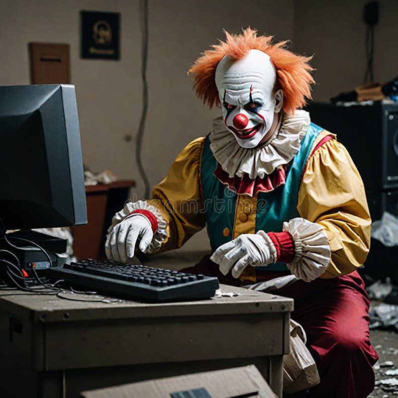 Scary Clown Playing an Old Computer in the Dark Room Stock Illustration ...