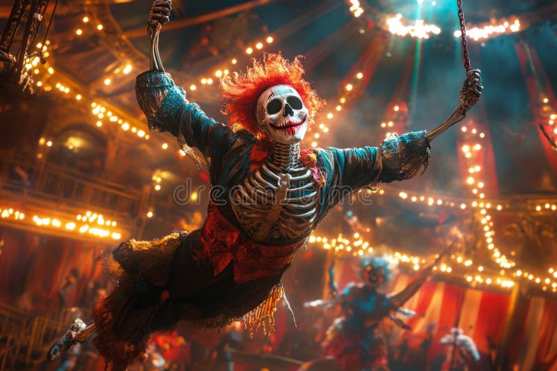 Scary Clown Skeleton Acrobat Hanging Upside Down in Circus Tent Stock ...