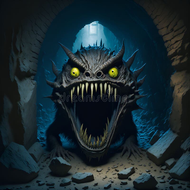 Scary Creature with Glowing Yellow Eyes and Open Mouth in a Dark ...