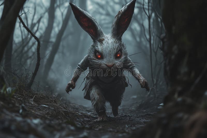 Scary Creature with Red Eyes Standing in a Dark Forest Pathway Stock ...