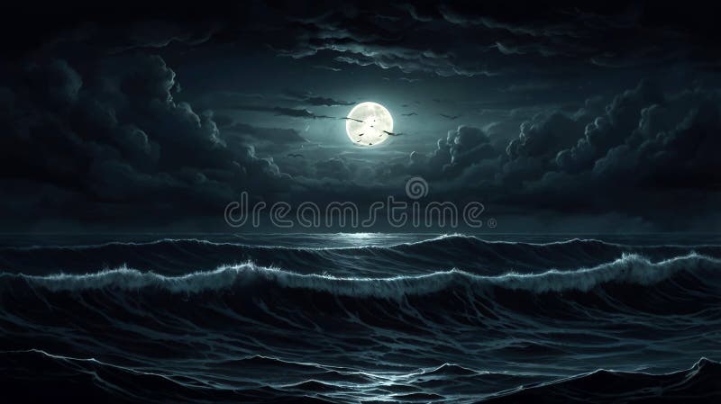Scary Dark Ocean with Waves at Night Stock Illustration - Illustration ...