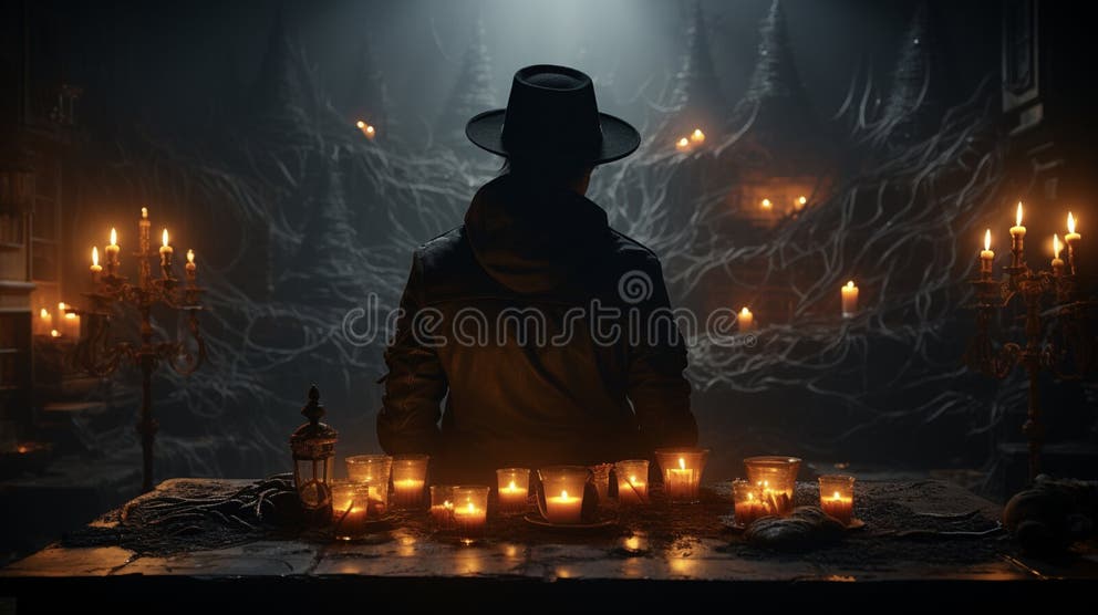 Scary Decorated Dark Room with Table Covered5 Stock Illustration ...